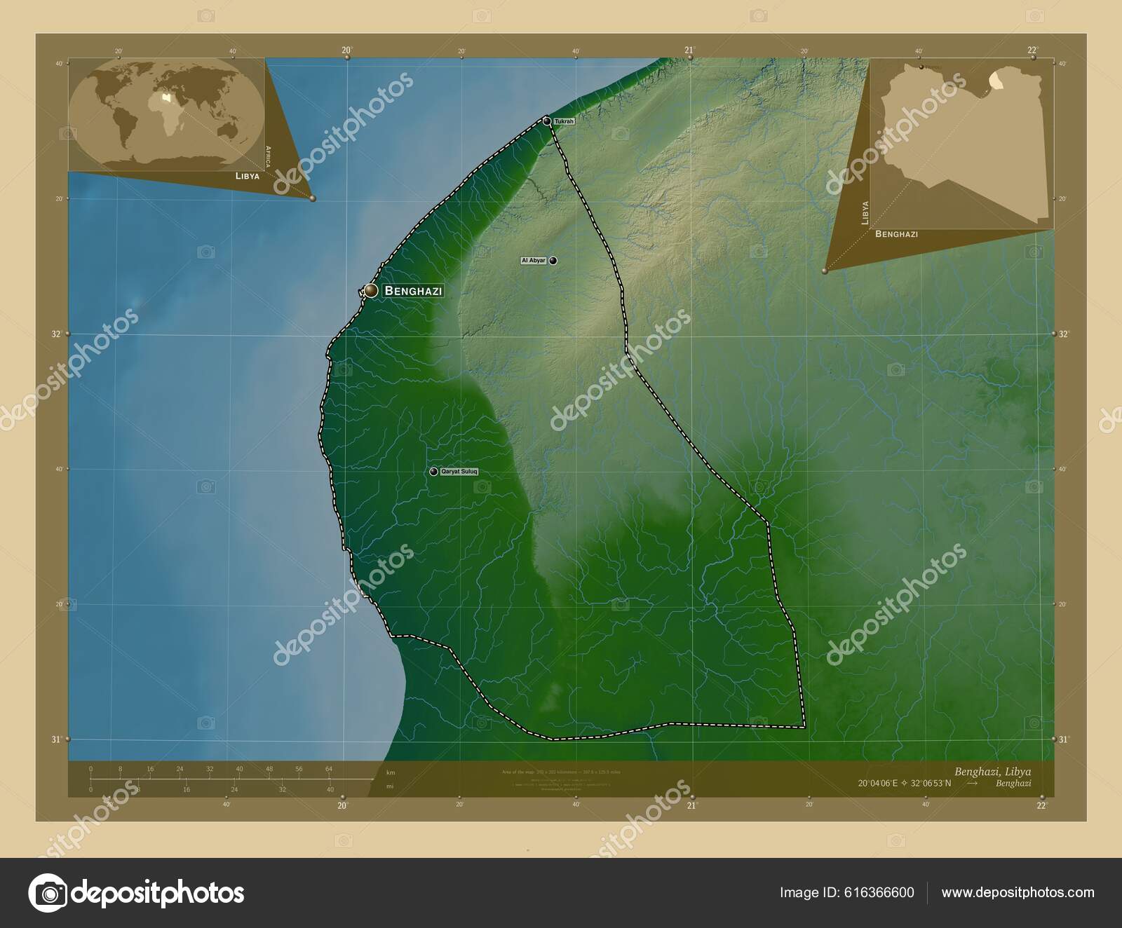 Benghazi District Libya Colored Elevation Map Lakes Rivers Locations ...