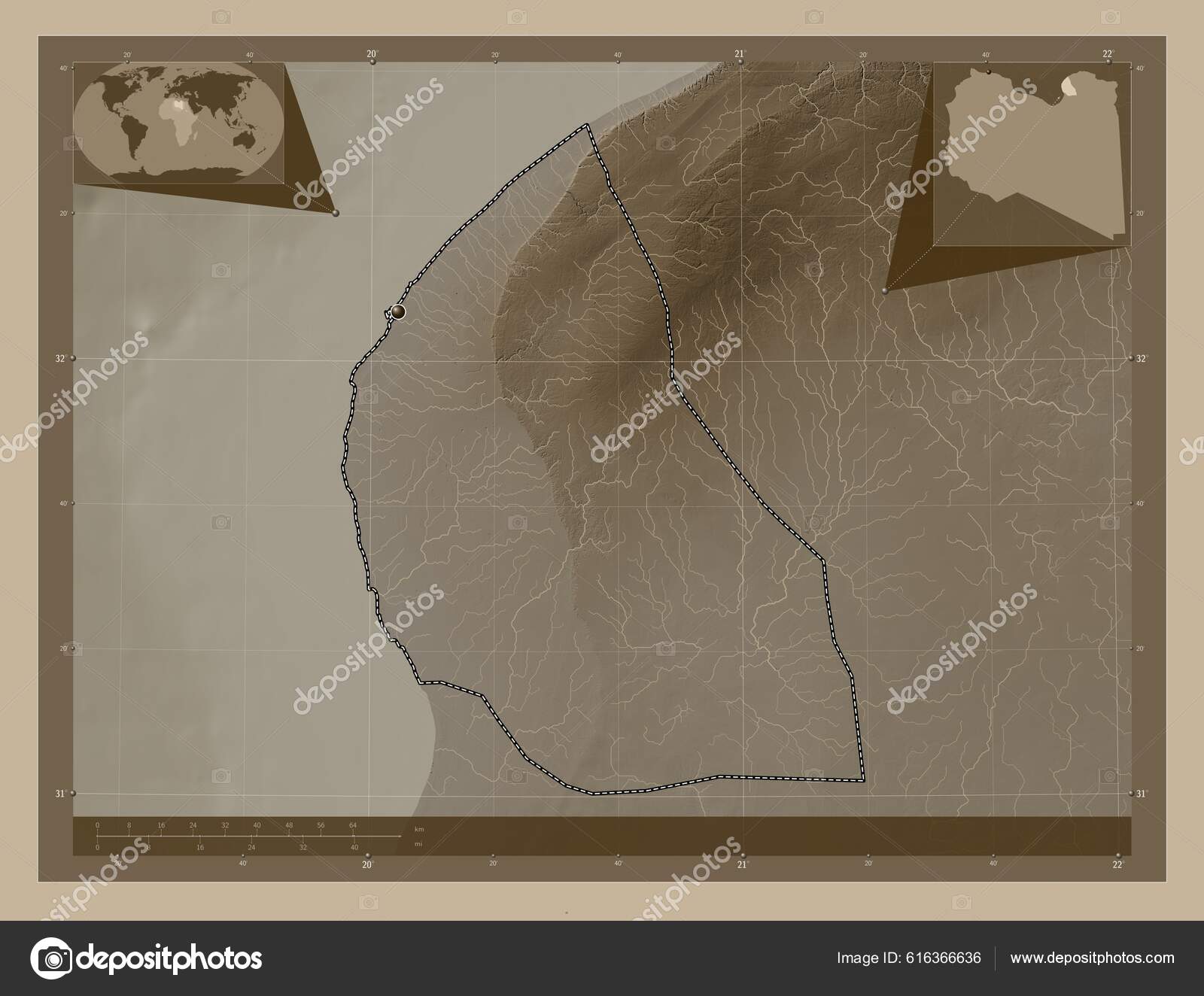 Benghazi District Libya Elevation Map Colored Sepia Tones Lakes Rivers ...