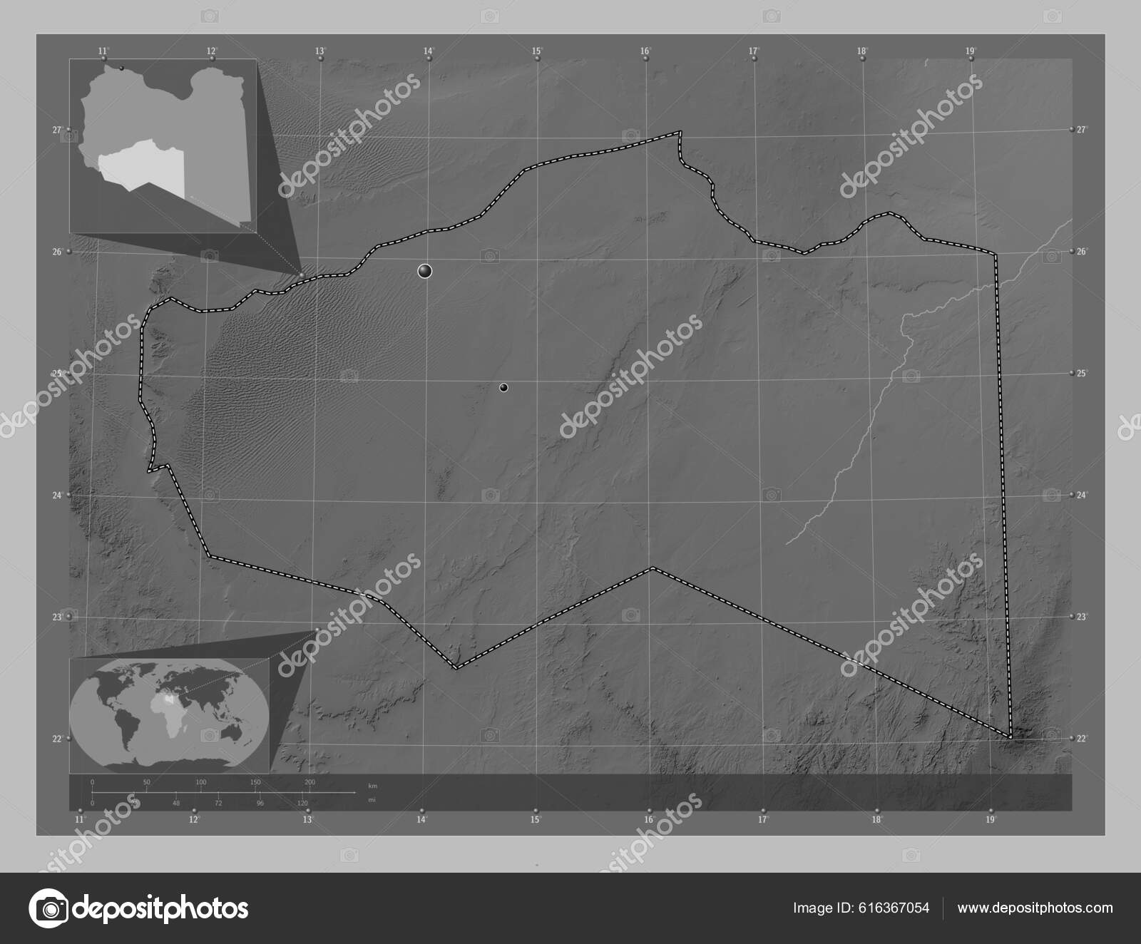 Murzuq District Libya Grayscale Elevation Map Lakes Rivers Locations ...