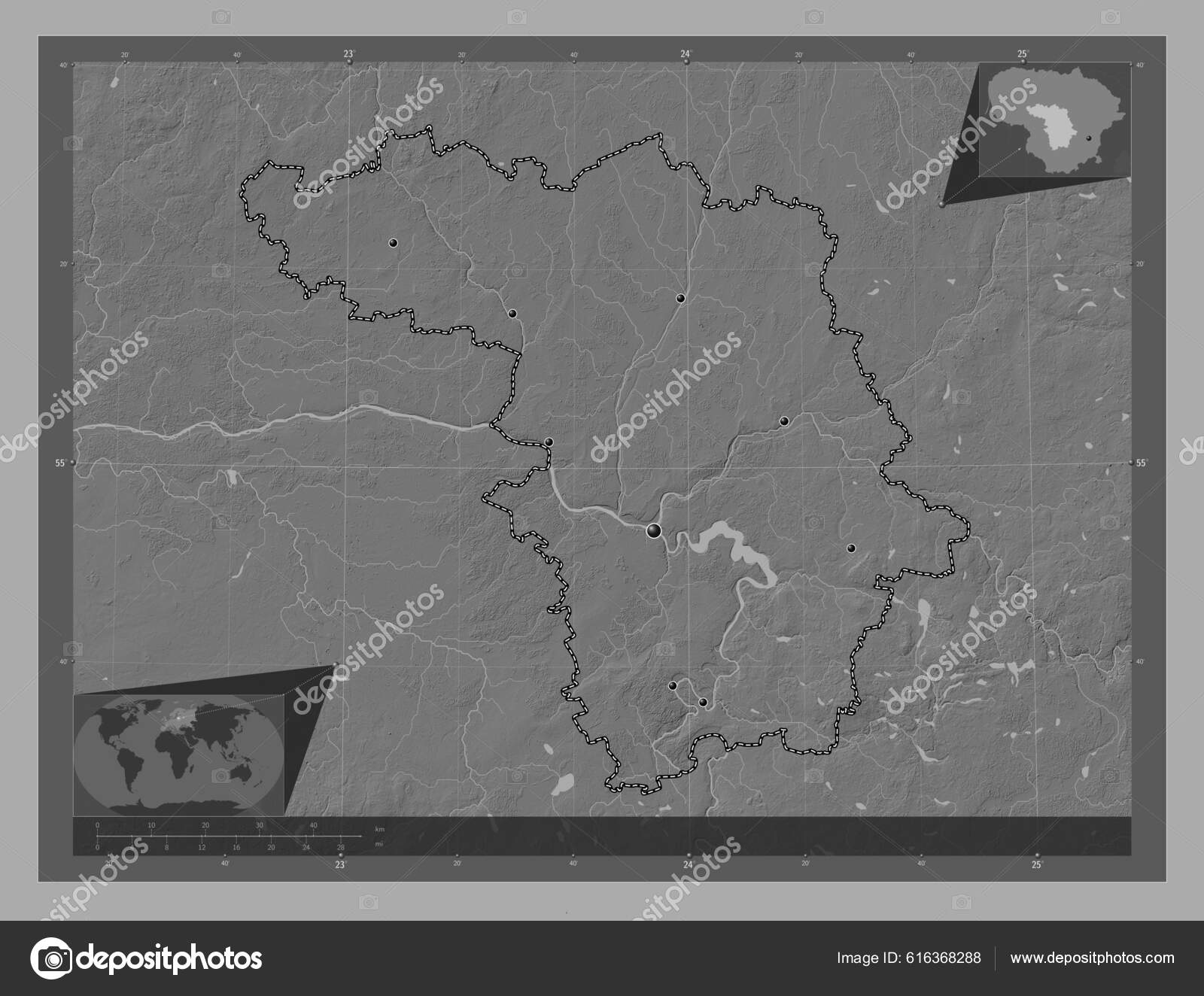 Kauno County Lithuania Bilevel Elevation Map Lakes Rivers Locations ...
