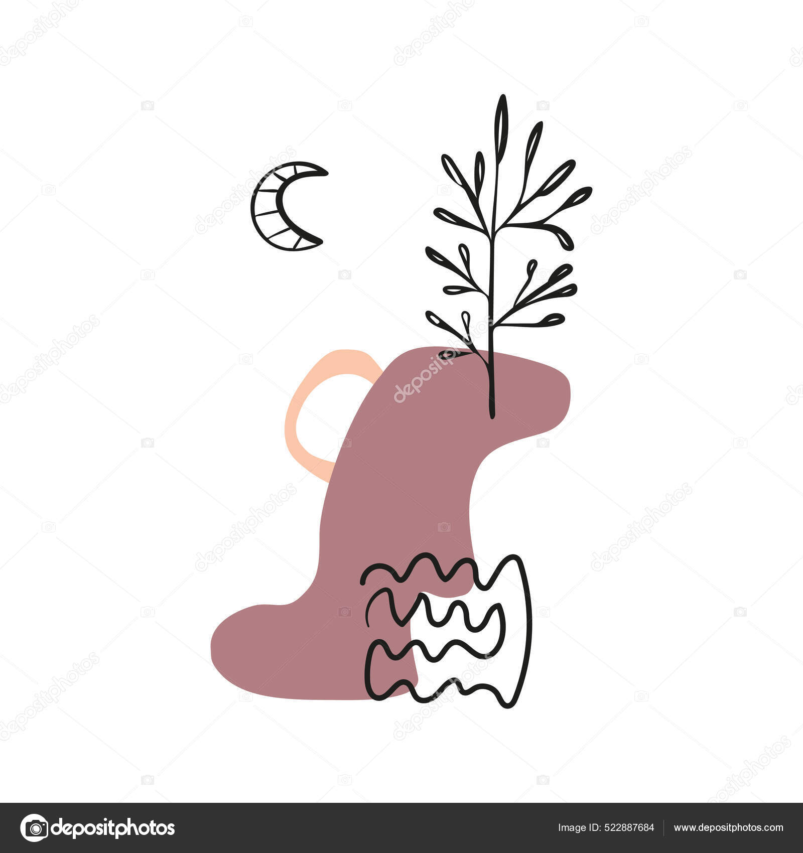 Hand drawn shapes and line art objects, tree, leaf, moon. Stock Vector ...