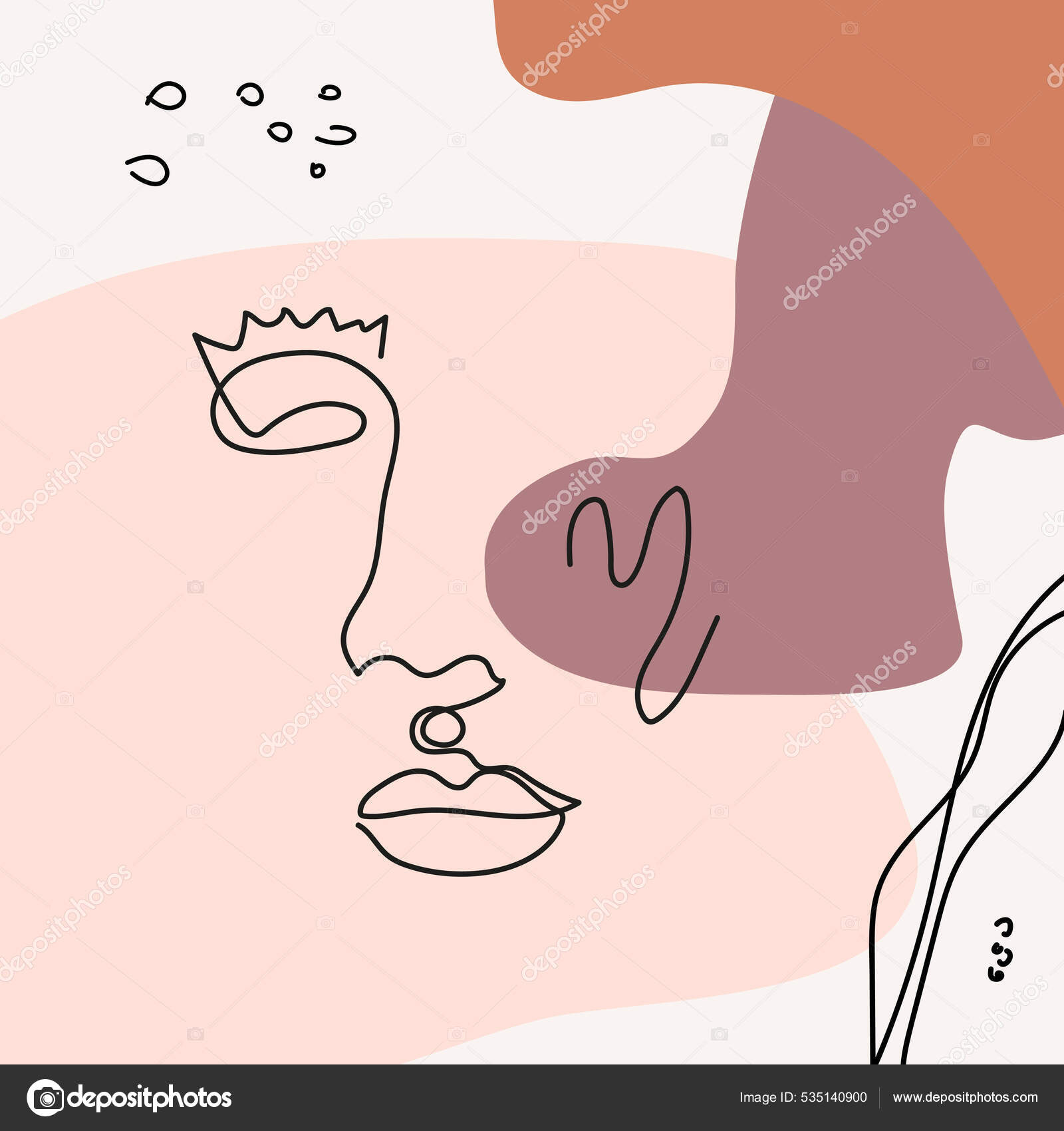 Abstract shapes, dots, lines, natural motives with face in line art ...