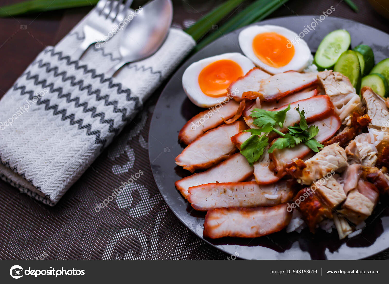 Steamed Rice Red Pork Crispy Pork Black Plate Served Dipping Stock ...