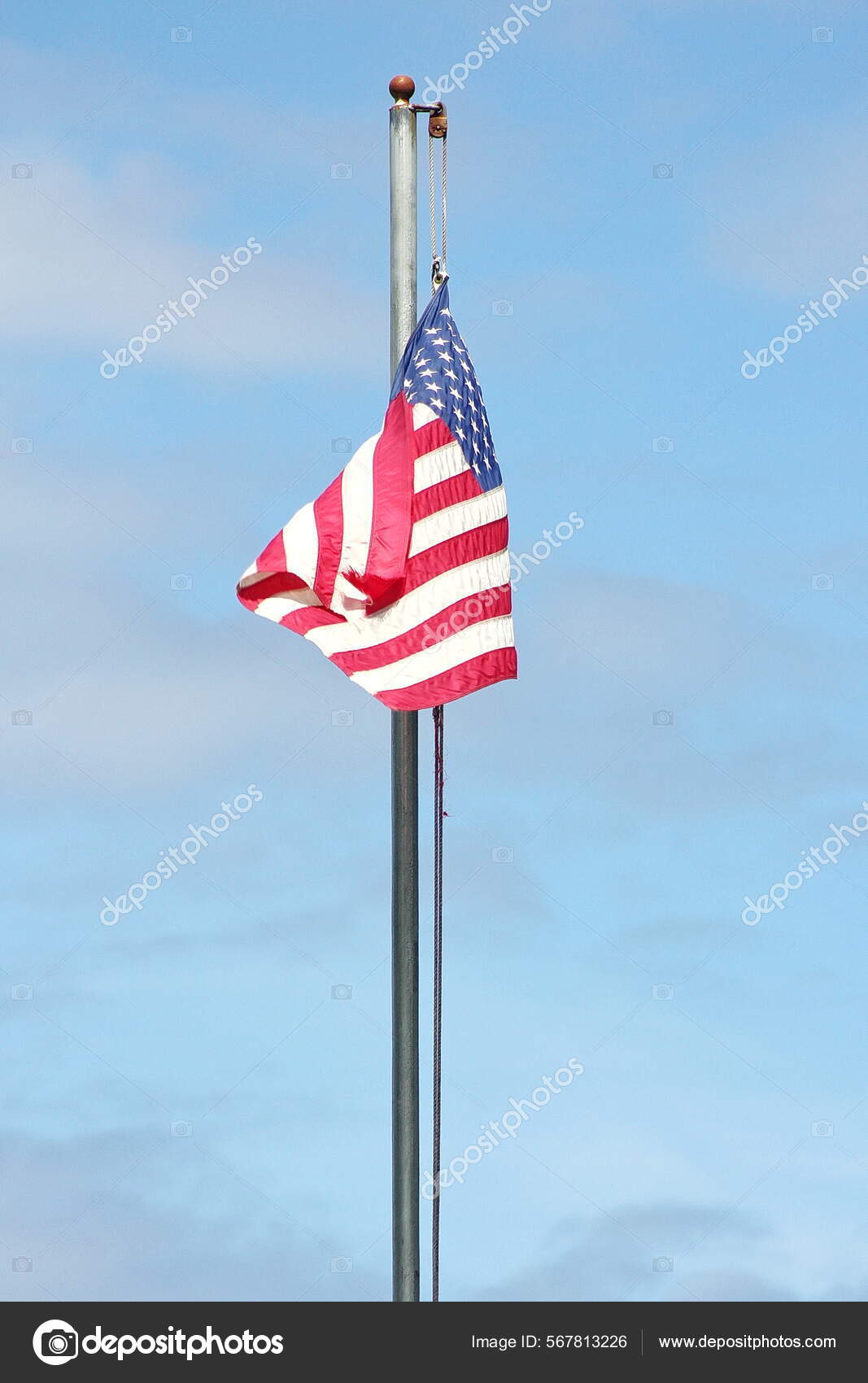 Old American Flag Tip Flag Torn Wind Flagpole Blue Sky Stock Photo by ...