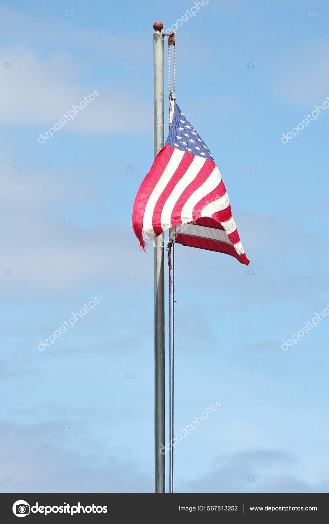 Old American Flag Tip Flag Torn Wind Flagpole Blue Sky Stock Photo by ...