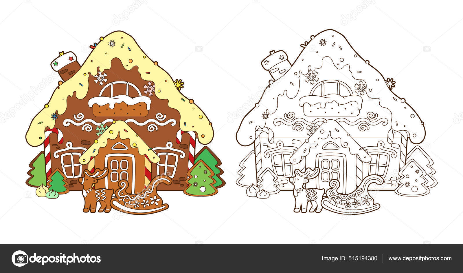 Coloring page with gingerbread house, Christmas candies and new year ...
