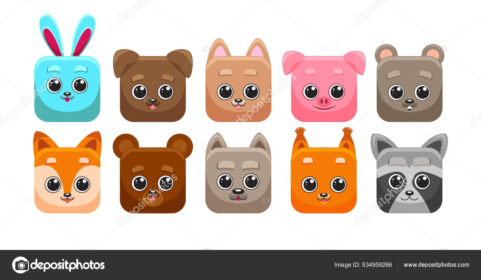Set of cute cartoon square animals ui. Vector zoo stickers in flat ...