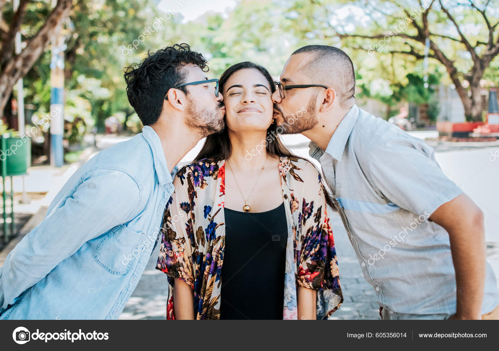 Love Triangle Concept Polygamy Concept Two Men Kissing Girl Cheek Stock ...