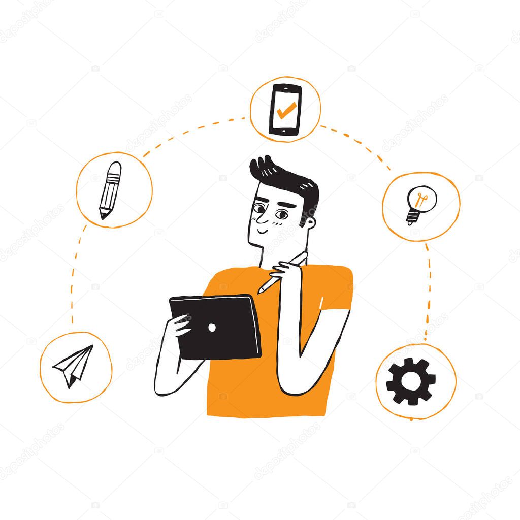 Joven diseñador conseguir pensando, Dibujo a mano Vector Ilustración ...