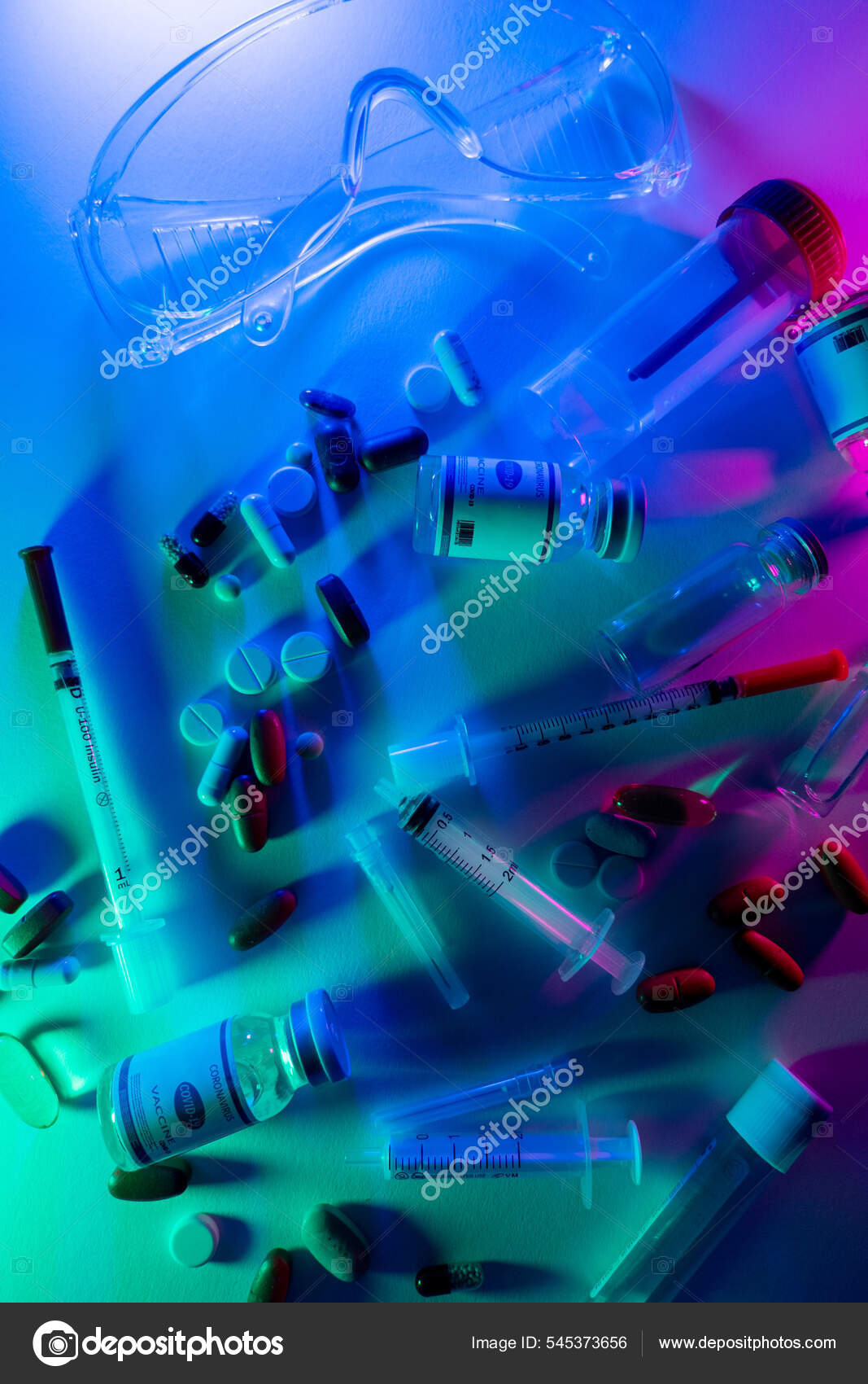 Viral research lab medication neon vaccine pills Stock Photo by ...