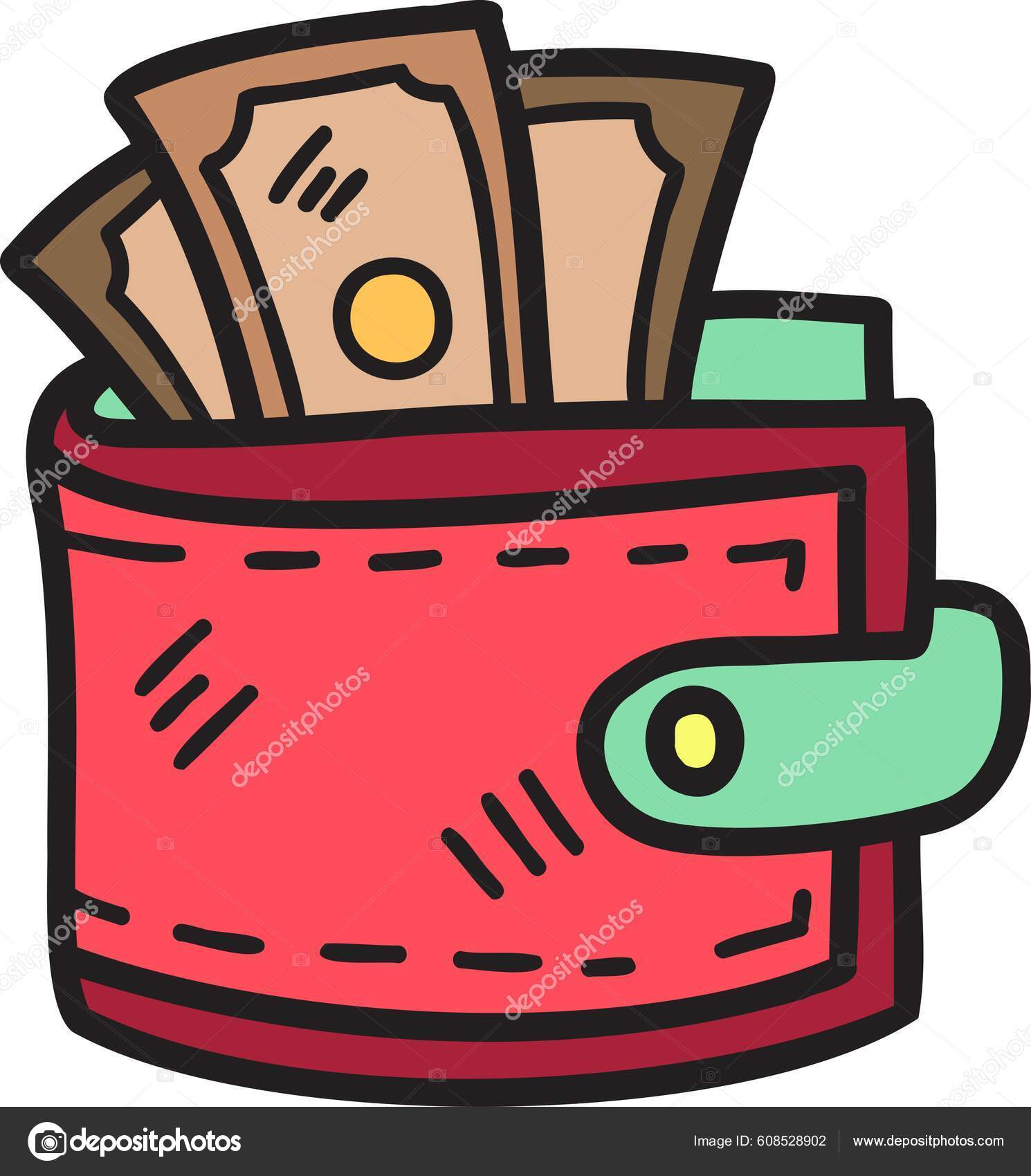 Billetera Dibujada Mano Con Ilustración Billetes Aislada Sobre Fondo ...