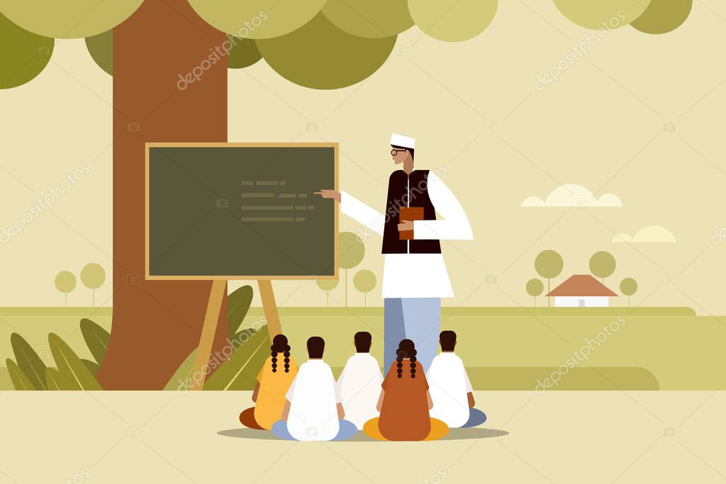 Ilustración de una escuela rural india donde los estudiantes aprenden ...