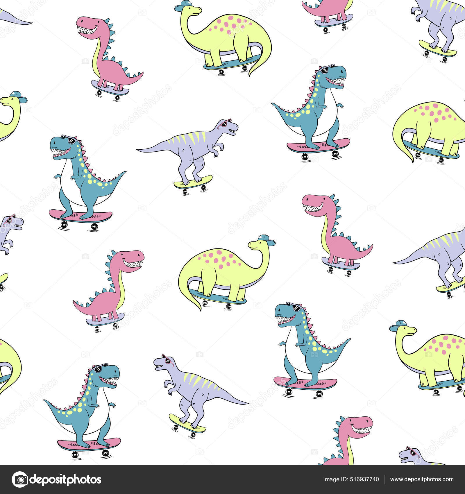 Multi Color Cartoon Dinosaur Vector Seamless Pattern Isolated White ...