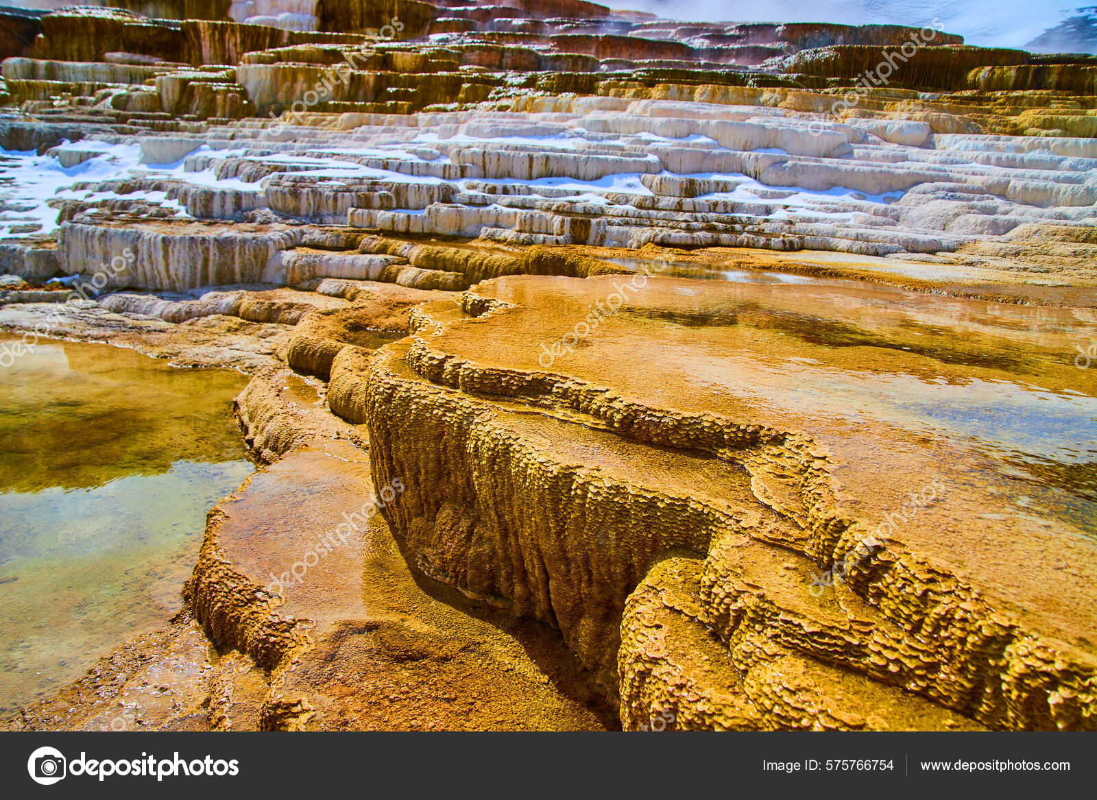 Image Steamy Snowy Hot Spring Terraces Close Yellowstone — Stock Photo ...