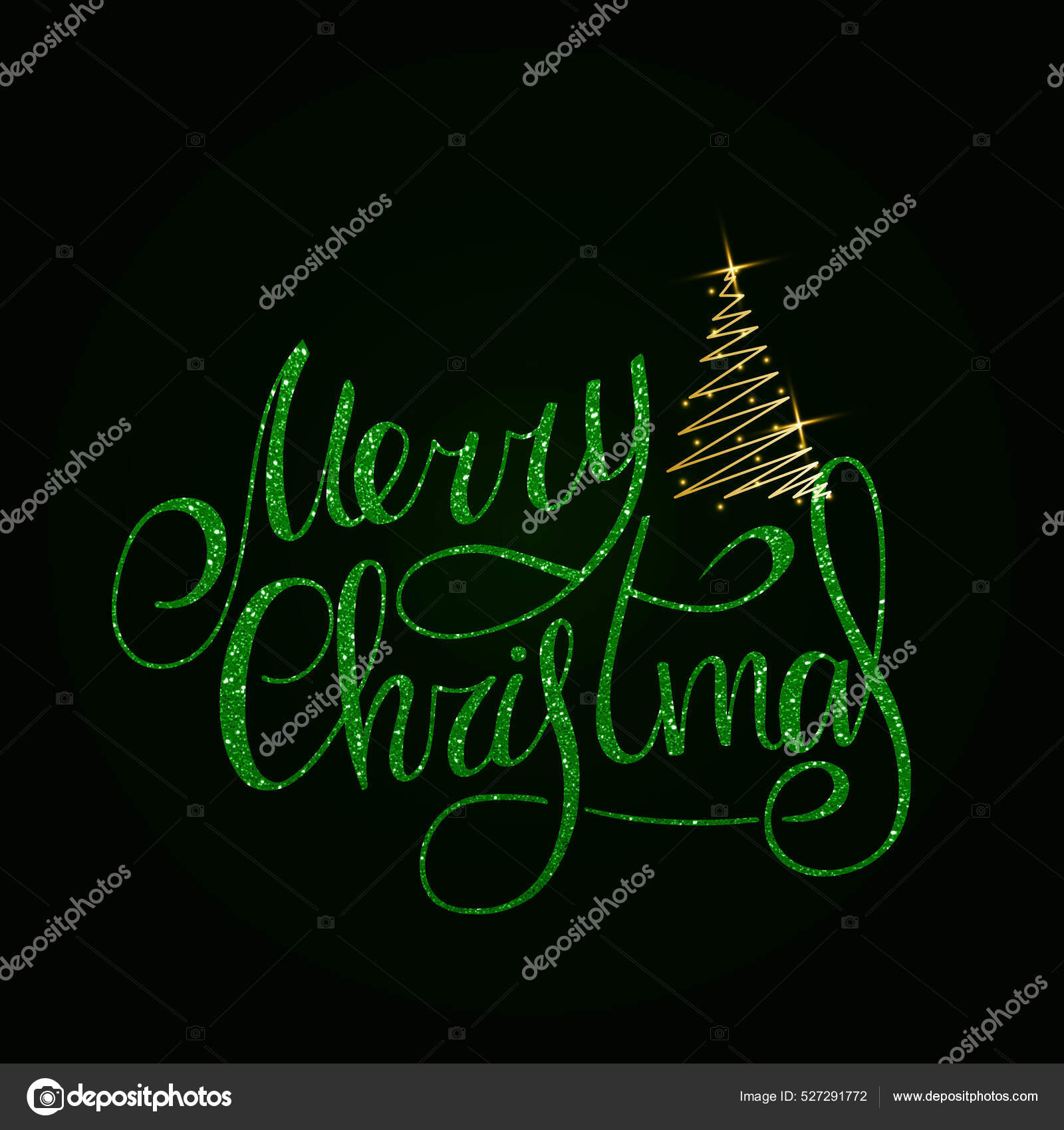 Merry Christmas Green Handwritten Lettering Golden Christmas Tree Dark ...