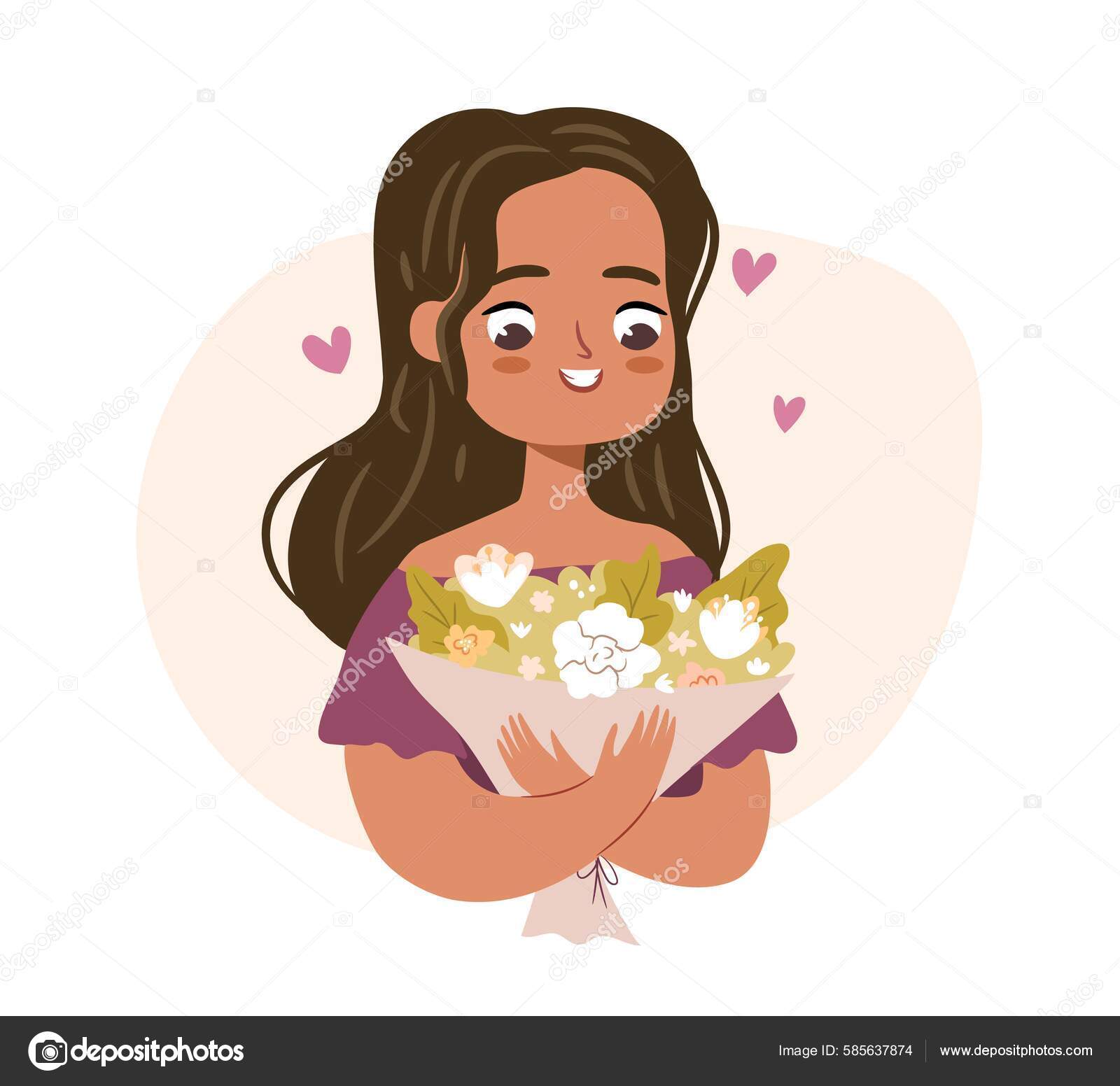 Cute Girl Flower Bouquet Vektor Stok oleh ©nicevectors 585637874