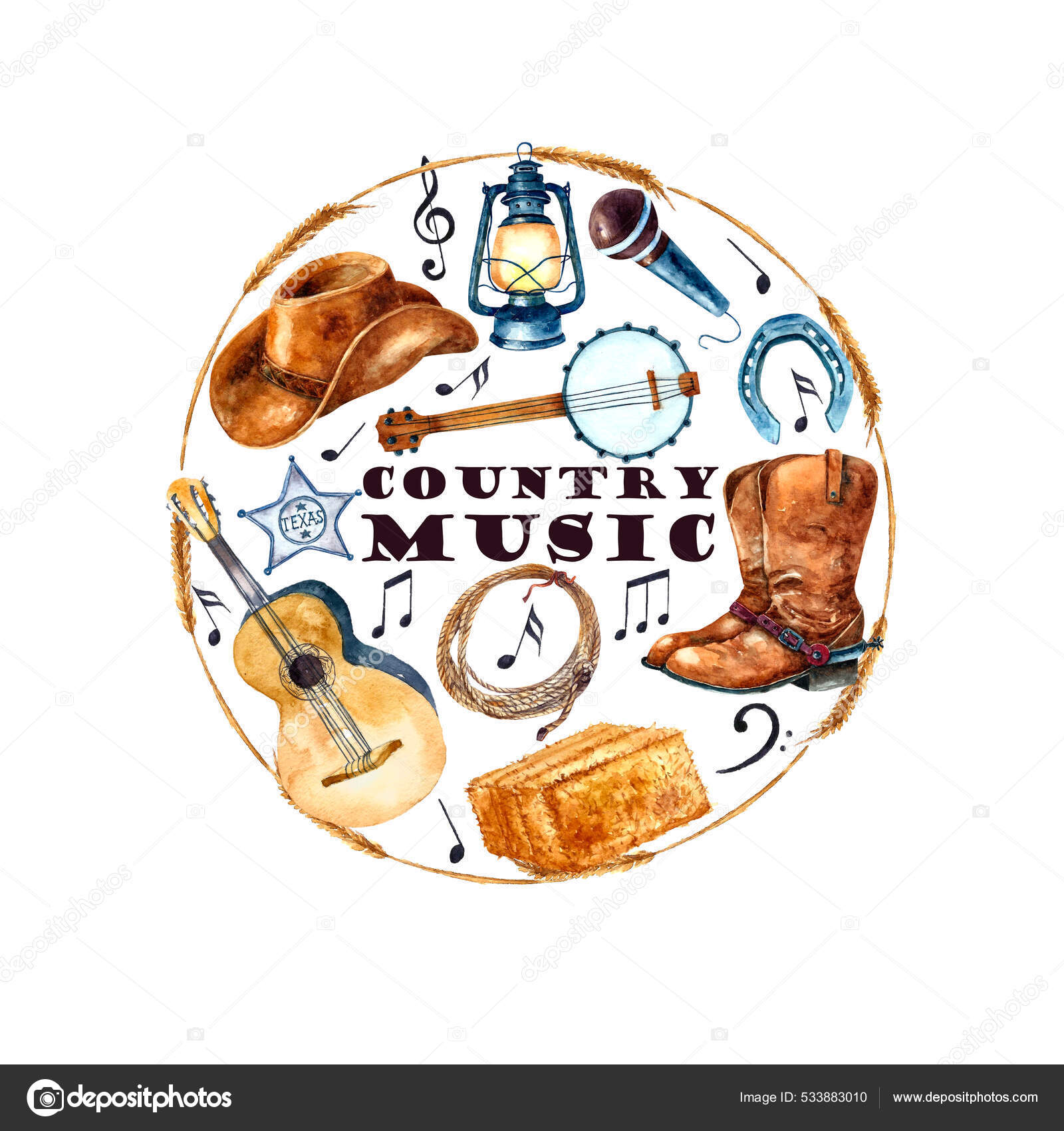Watercolor country music set. Hand draw illustrations. Stock Photo by ...