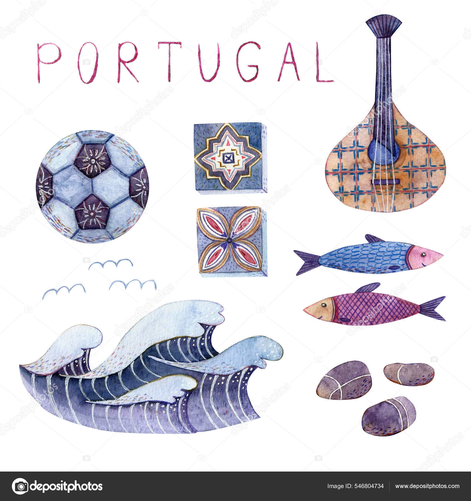 Watercolor set Portugal illustrations. Hand draw painting. Stock Photo ...
