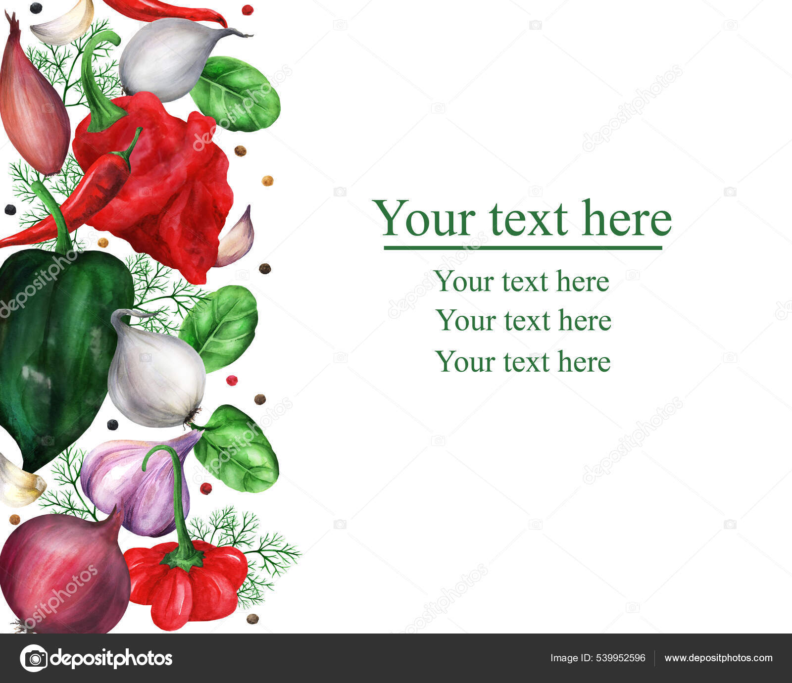 Watercolor Vegetables Border Peppers Onions Dill Spinach Hand Painted ...