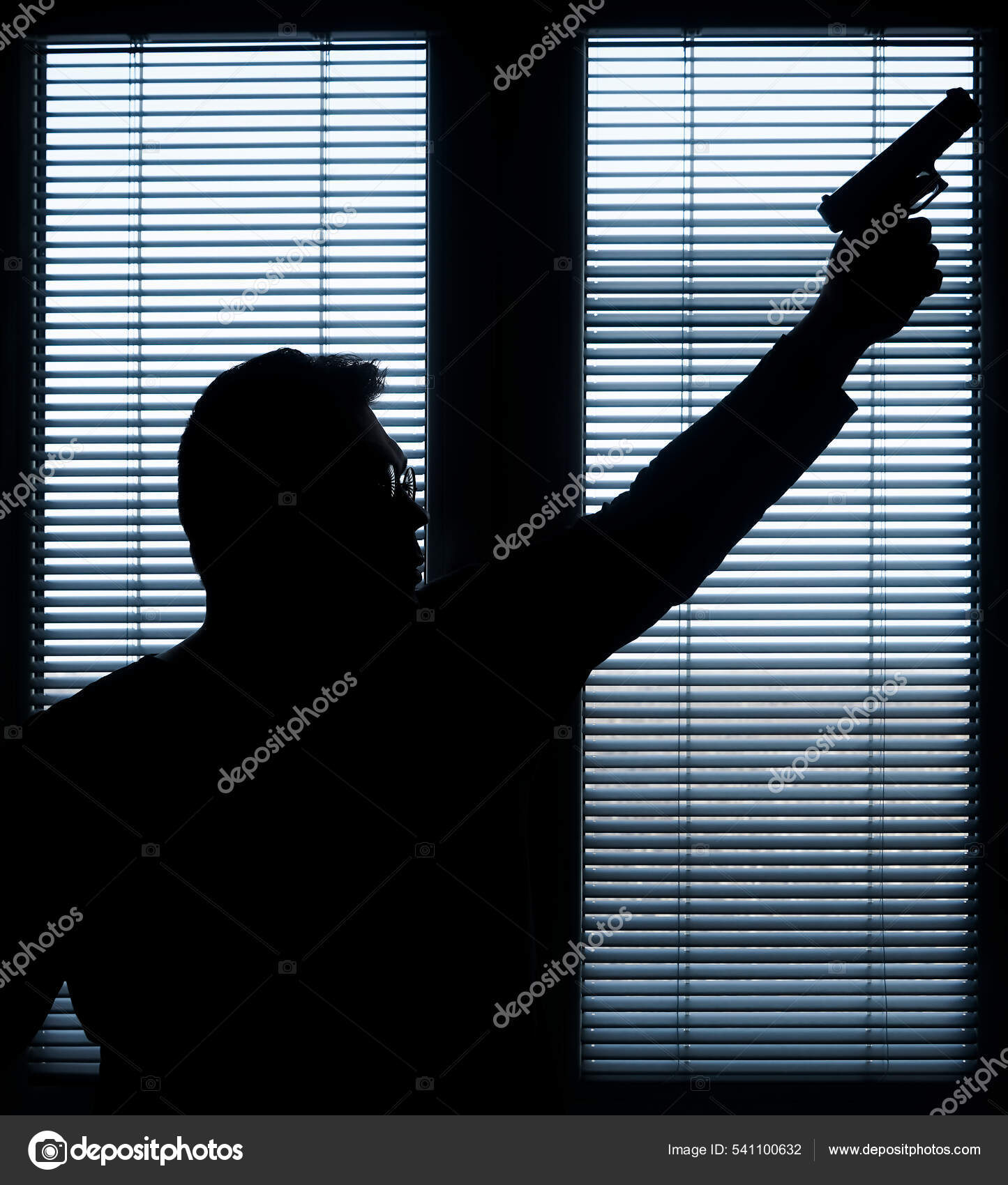 Man Gun Standing Window Blind Ready Protect Himself Another Bad Stock ...
