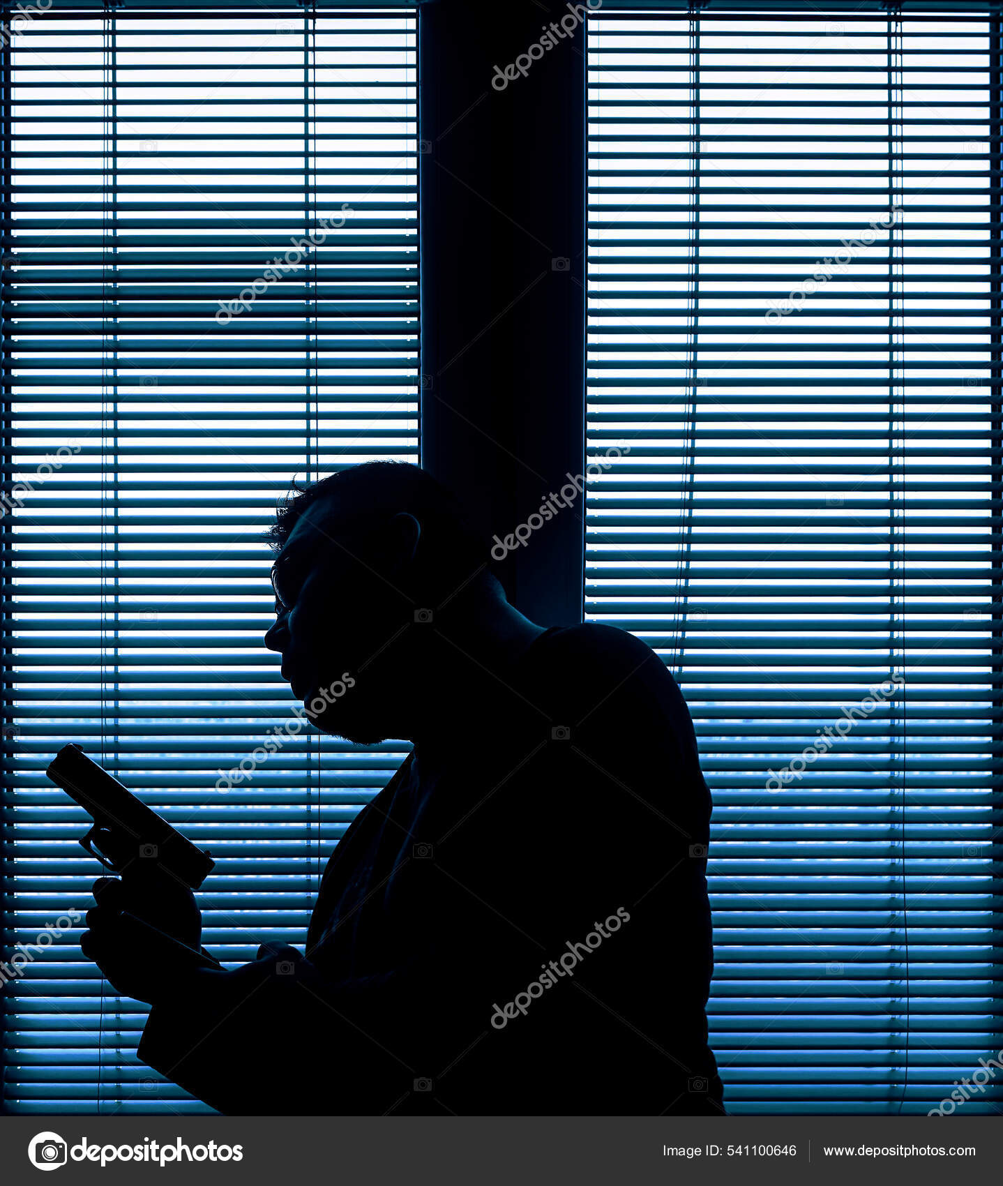 Man Gun Standing Window Blind Ready Protect Himself Another Bad Stock ...