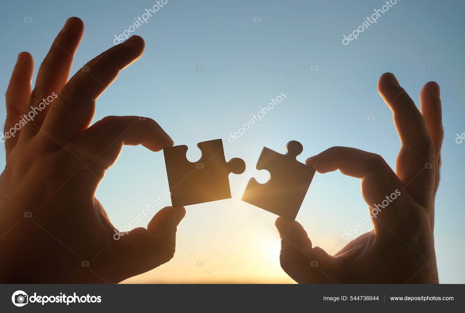 Two Hands Connecting Puzzle Pieces Sky Background Jigsaw Wooden Puzzle ...