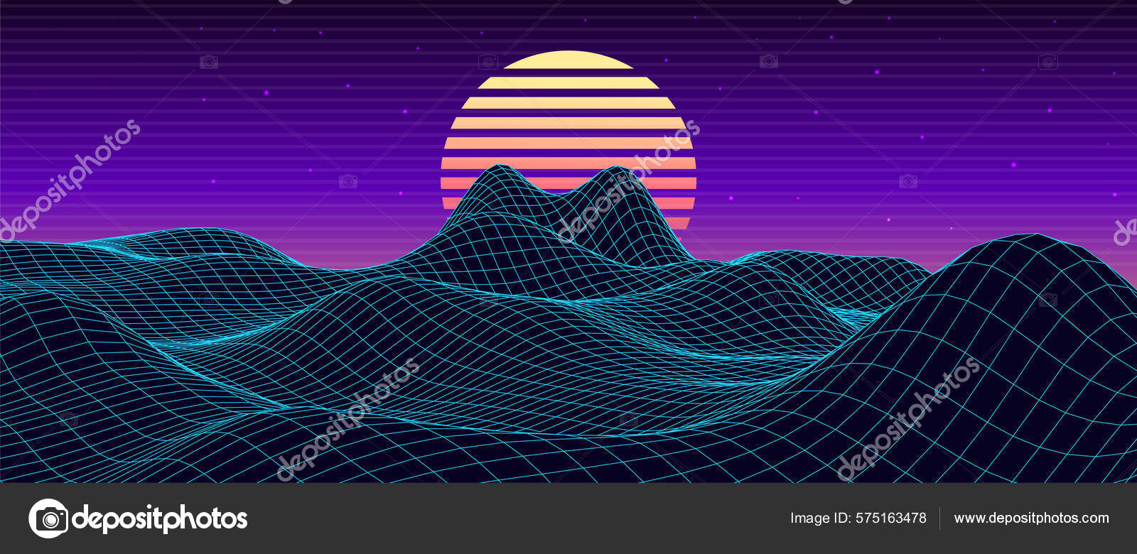 Retro Fantastic Background 80S Vector Mountain Wireframe Landscape ...