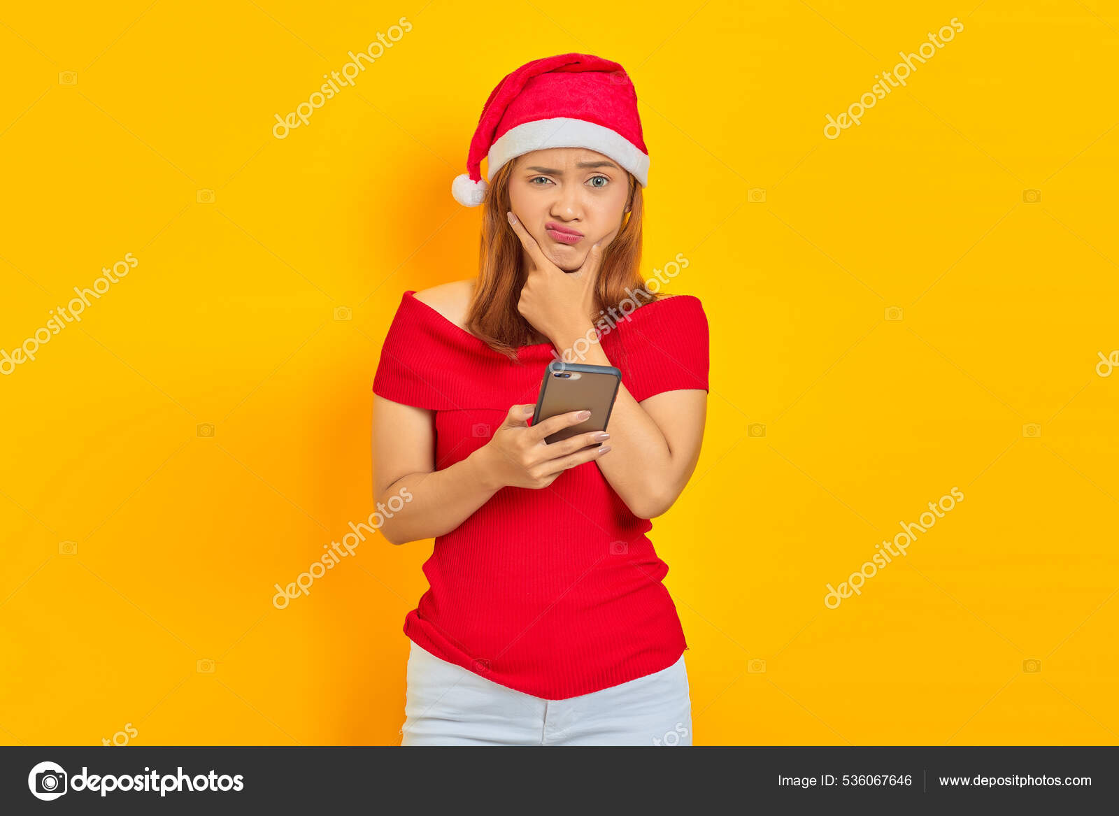 Portrait Young Asian Woman Wearing Christmas Hat Thinking Sending