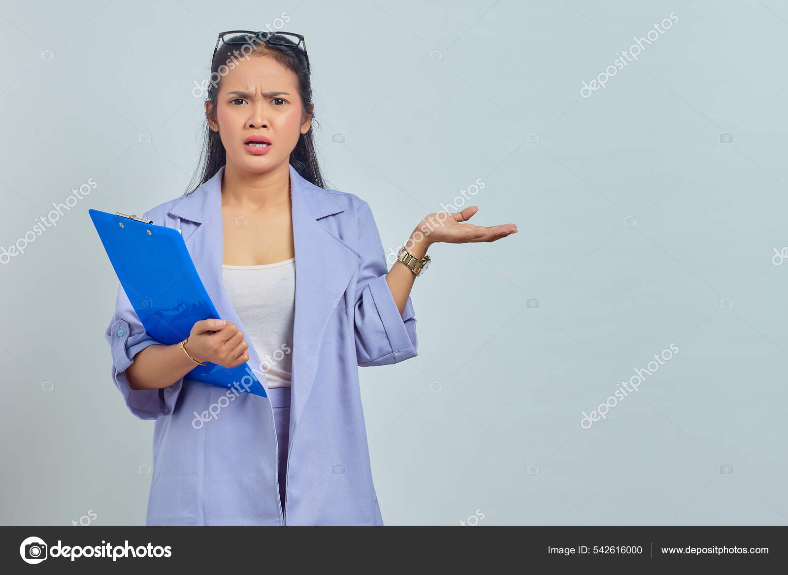 Portrait Confused Young Asian Woman Holding Document Folder Shrugging ...