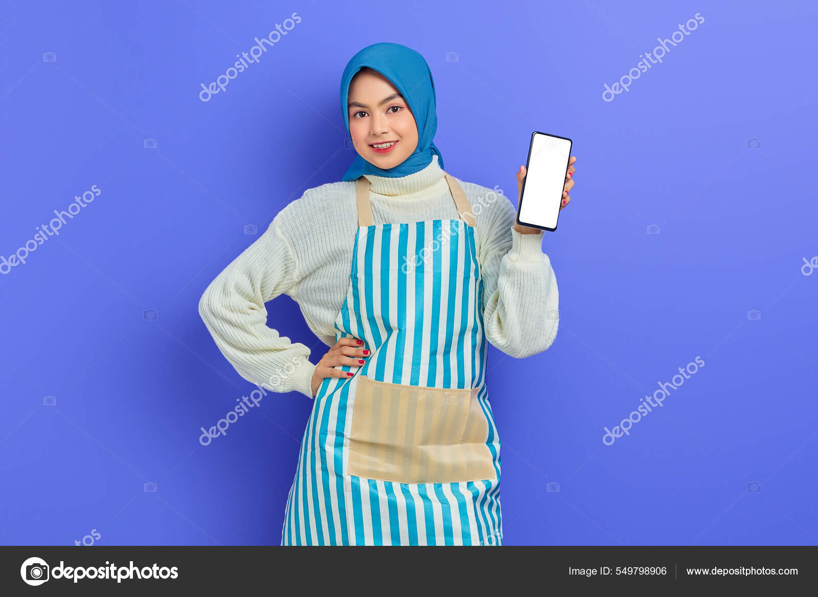Portrait Smiling Young Asian Muslim Woman Wearing Hijab Apron Holding ...