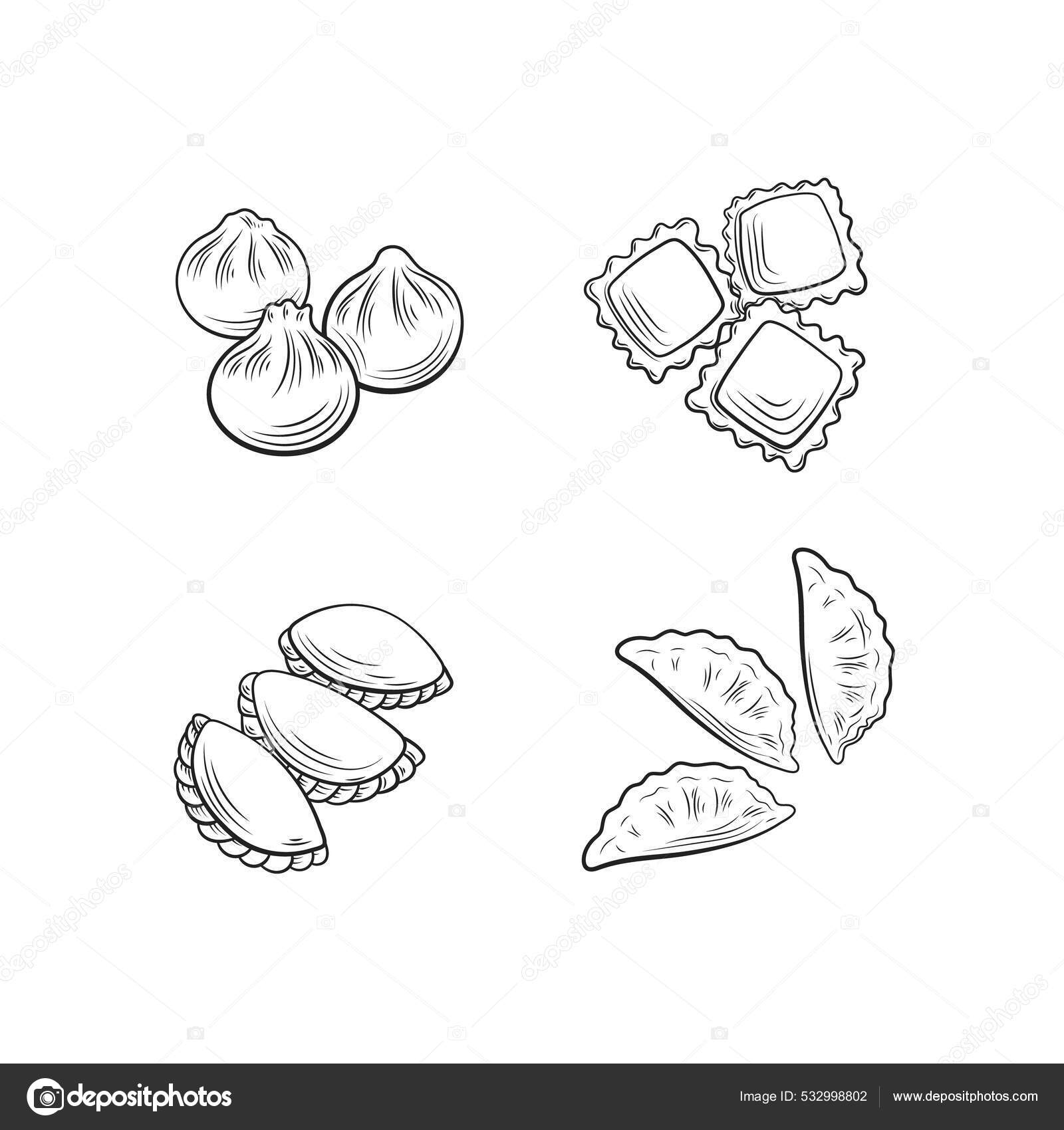 Vector Set Different Dumplings Outline Drawings Black Line Illustration ...