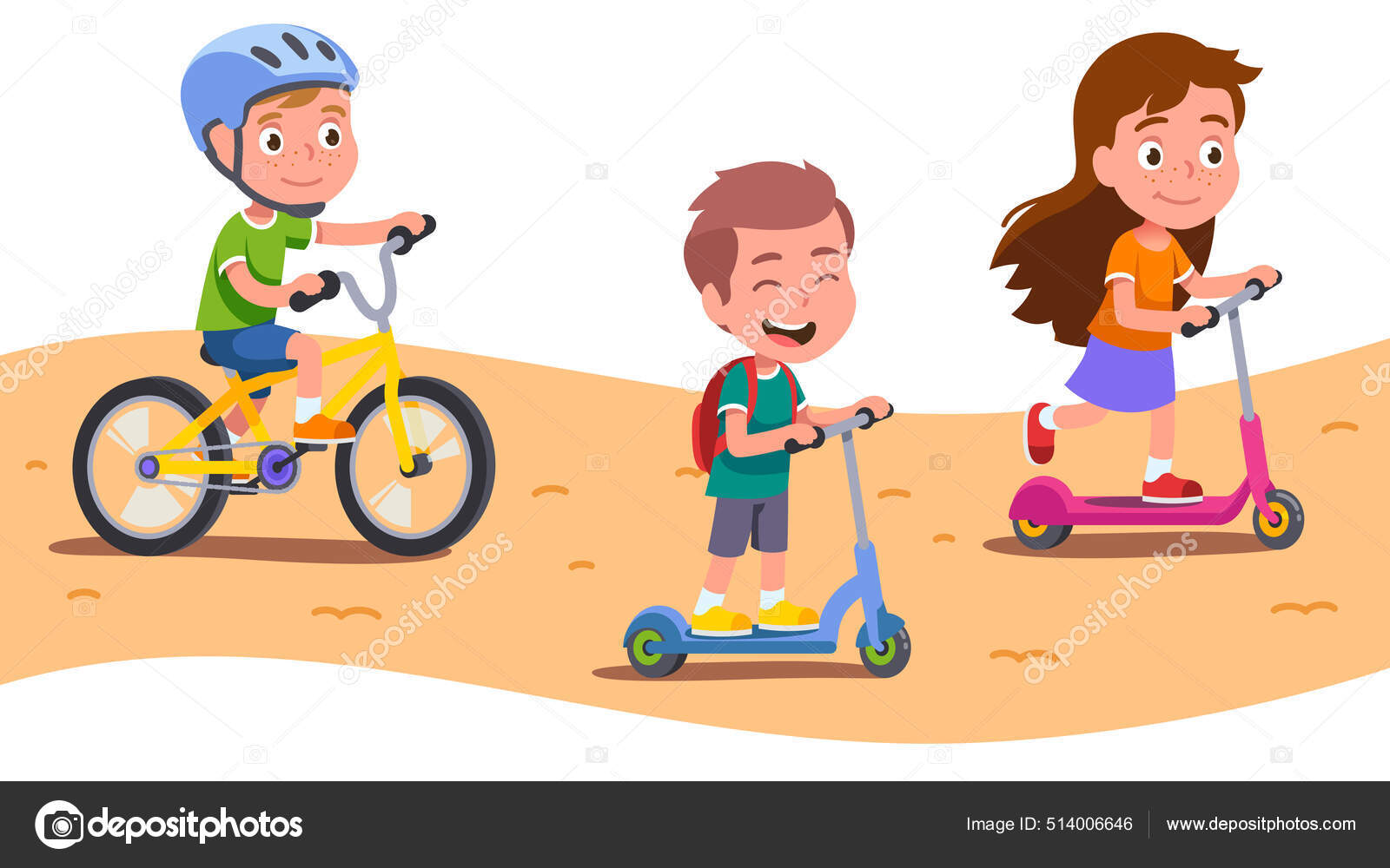 Girl, boys kids riding bicycle and kick scooters Stock Vector Image by ...