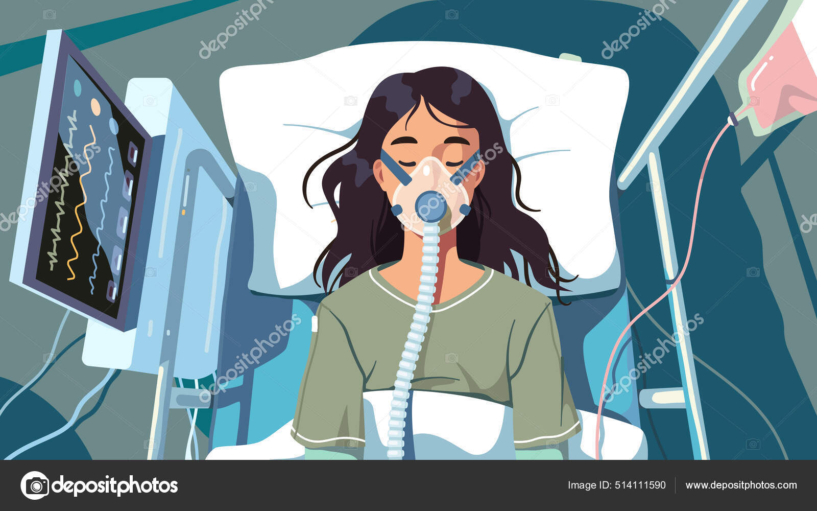 Paciente en respirador soporte vital en cama de hospital vector ...