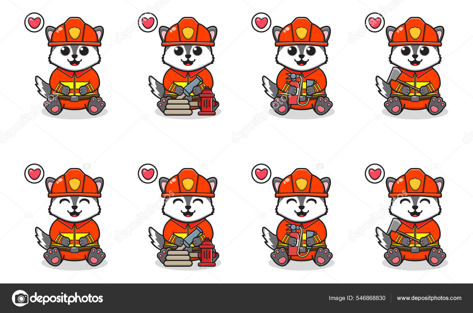 Vector Illustration Cute Sitting Wolf Cartoon Firefighter Costume Set ...