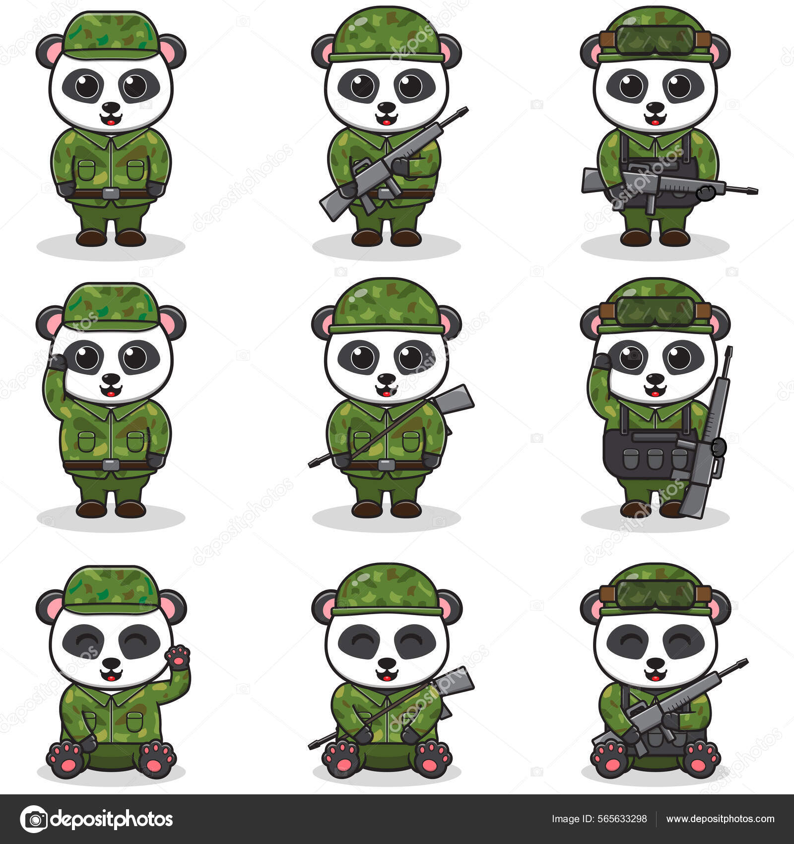 Vector Illustrations Cute Panda Soldier Cute Army Set Flat Cartoon ...