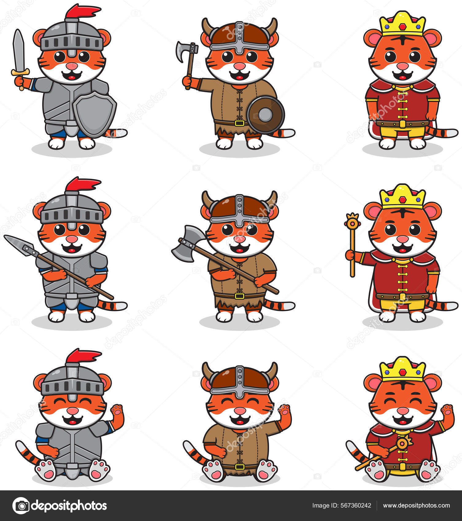Vector Illustrations Tiger Characters Various Medieval Outfits King ...