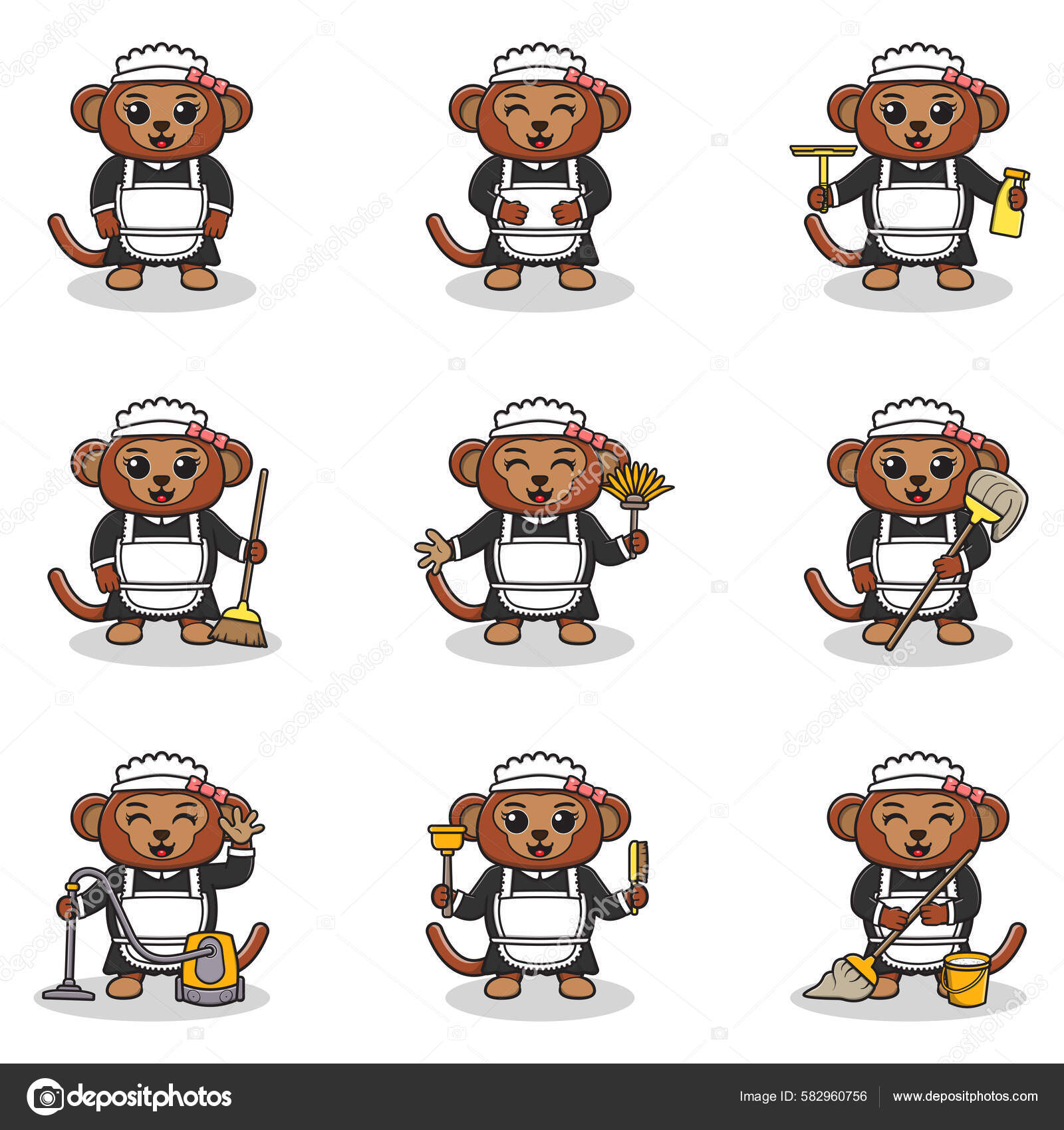 Ilustración Vectorial Mono Lindo Con Uniforme Criada Diseño Carácter ...