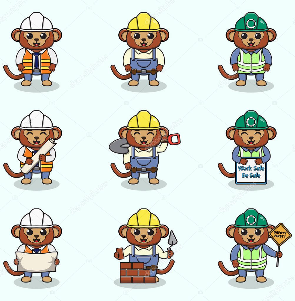Vector illustration of Monkey worker, builder, laborer cartoon. Cute Monkey engineers workers ...