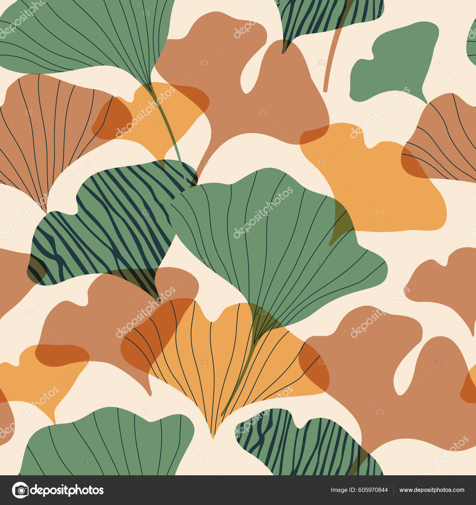 Autumn Gingko Leaves Silhouettes Line Art Wallpaper Botanical ...