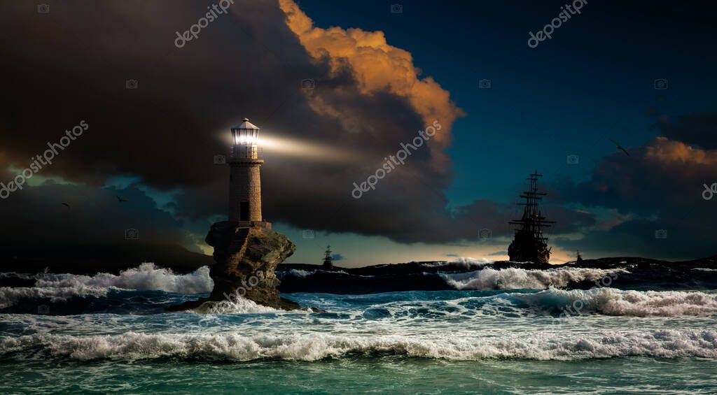 Tormenta en el mar con vistas al faro y barcos. Faro Turlitis de Chora ...