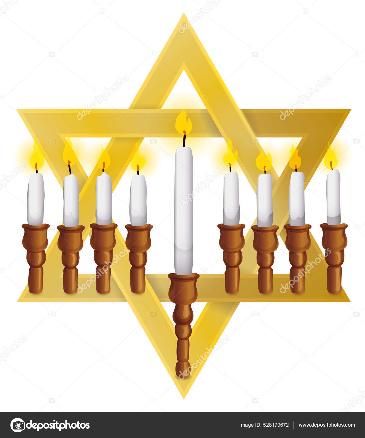 Golden David's Star Forming Hanukkiah Nine Lighted Candles Hanukkah ...
