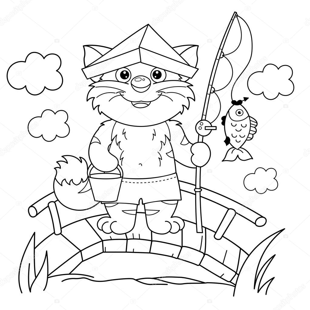 Página Para Colorear Esquema De Gato De Dibujos Animados Con Caña De