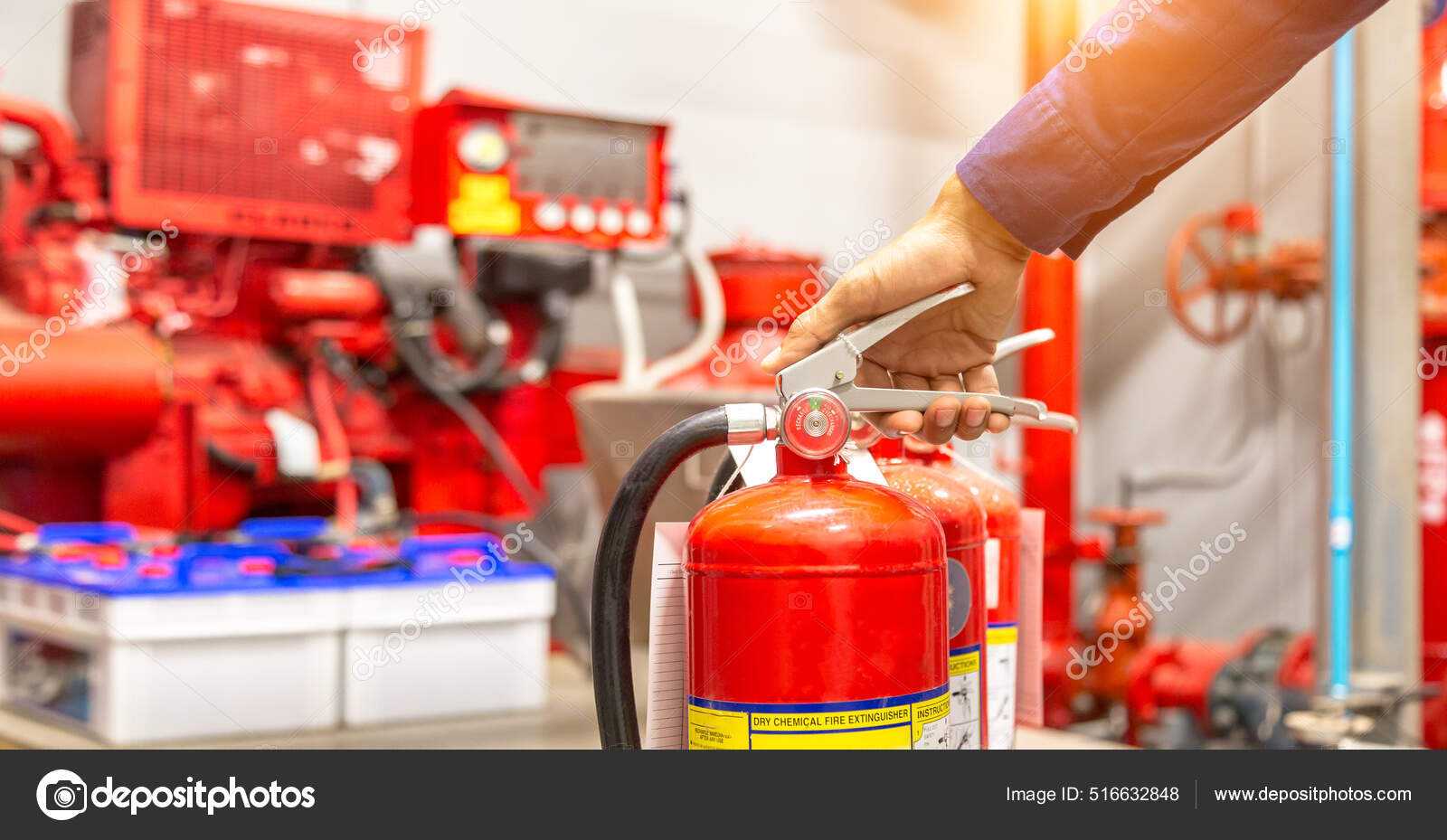 Engineer Checking Inspection Fire Extinguishers Tank Fire Control Room ...