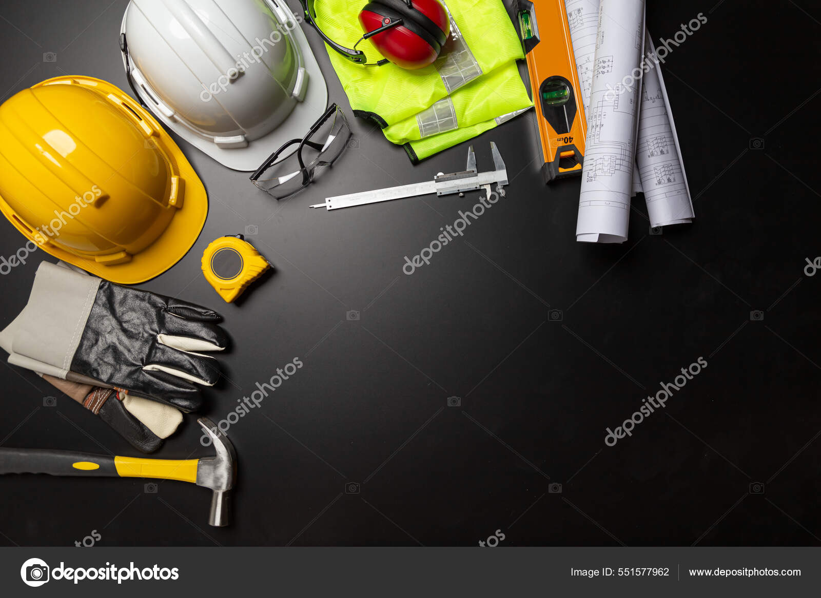 Work Safety Construction Site Protective Equipment Wooden Background ...