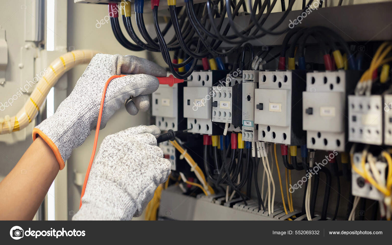 Electrician Engineer Uses Multimeter Test Electrical Installation Power ...