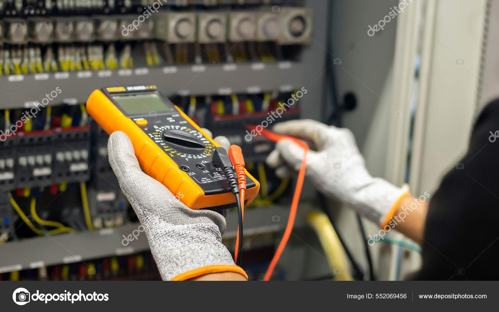 Electrician Engineer Uses Multimeter Test Electrical Installation Power ...