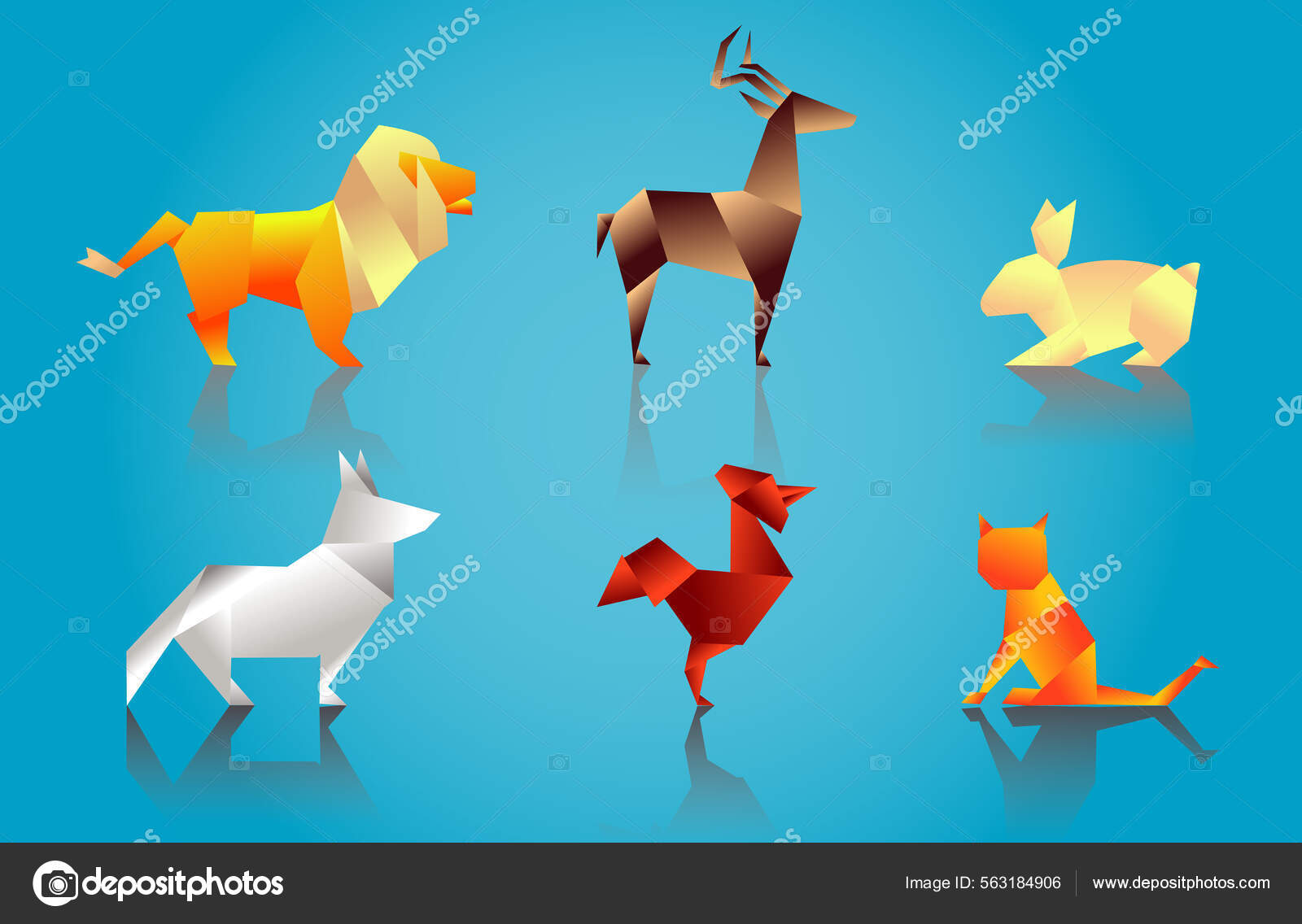 Realistic Folded Paper Animal Vector Set Isolated Blue Background Paper ...
