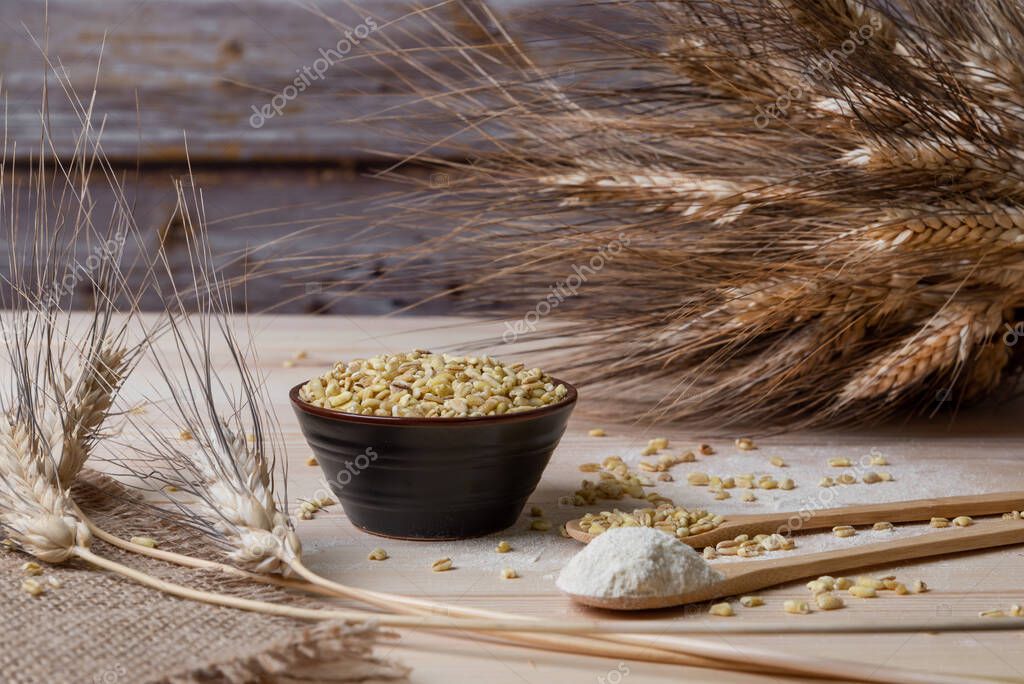 Cuenco lleno de tiernas semillas de trigo y espigas secas de trigo ...
