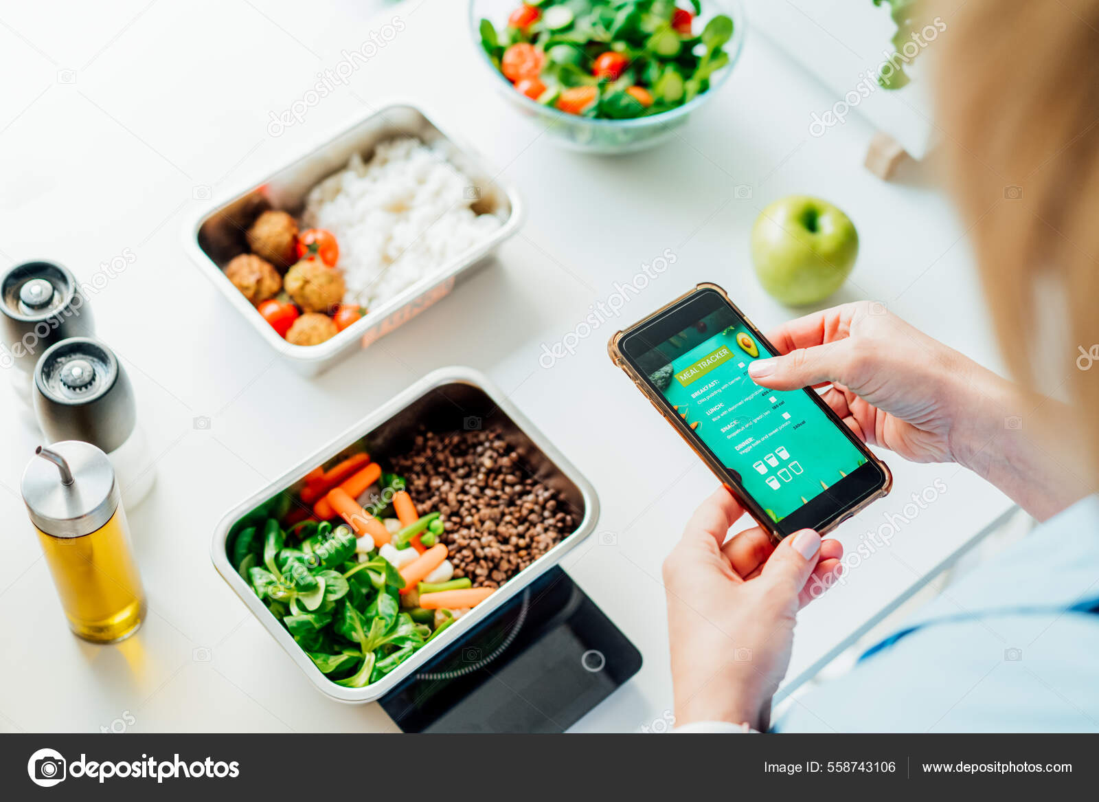 Healthy diet plan for weight loss, daily ready meal menu. Woman using ...