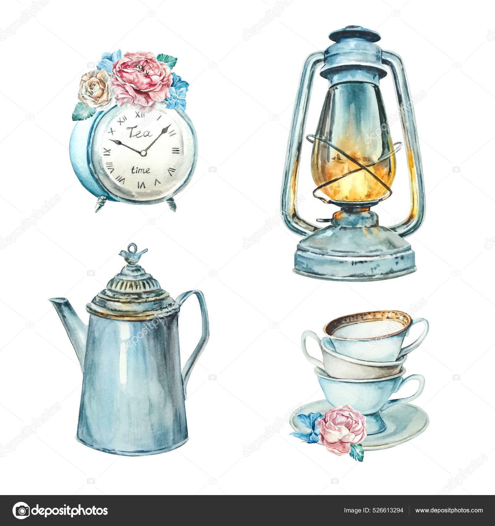 A set of teapots, cups, a table clock, a oil lamp. Watercolor ...